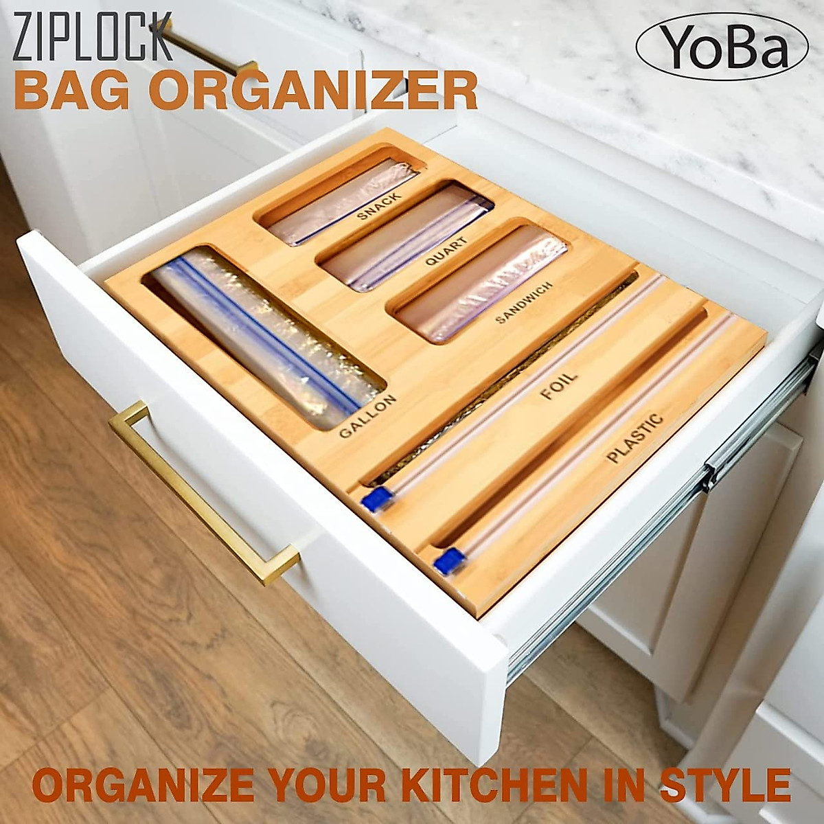 YoBa Bamboo Ziplock Bag Organizer for Drawer with Plastic Wrap Dispenser, Compatible with Gallon, Quart, Sandwich, Snack and Aluminum Foil Roll