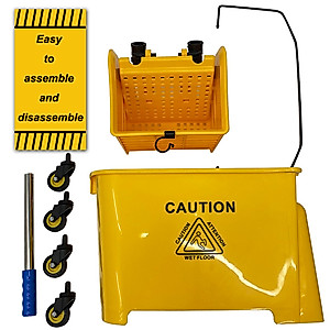 HQHAOTWU Mop Bucket Thickened Plastic Extrusion Water Bucket 20L Commercial Mop Extrusion Water Bucket Yellow Wastewater Separation Draining Bucket with Universal Castors Handle Drainage Outlet