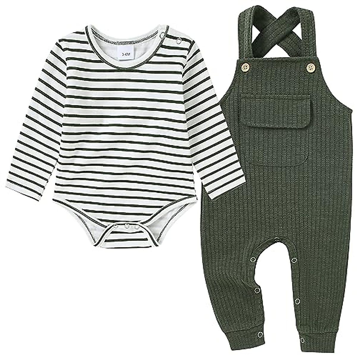 CARETOO Newborn Baby Boy Clothes,Infant Boy Romper Fall Winter Outfits Bodysuit 2Pcs Striped Long Sleeve Top Overalls 0-18M(Green 3-6M)