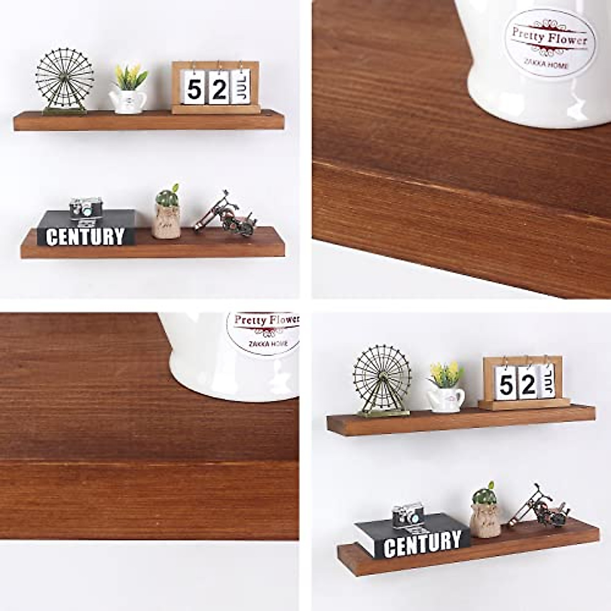 QTSARTISAN Floating Shelf Set — Rustic Solid Wood Hanging Rectangle Wall Shelves with Invisible Metal Brackets for Bedroom, Bathroom, Living Room and Kitchen(Light Walnut, 24" x 5.9")