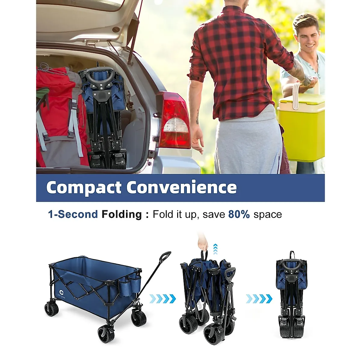 LifeImpree Collapsible Foldable Wagon, Beach Wagon with All Terrain Wheels, Heavy Duty Folding Utility Garden Cart, Adjustable Handle, 350LBS Capacity for Camping, Grocery, Sports, Shopping, Outdoor