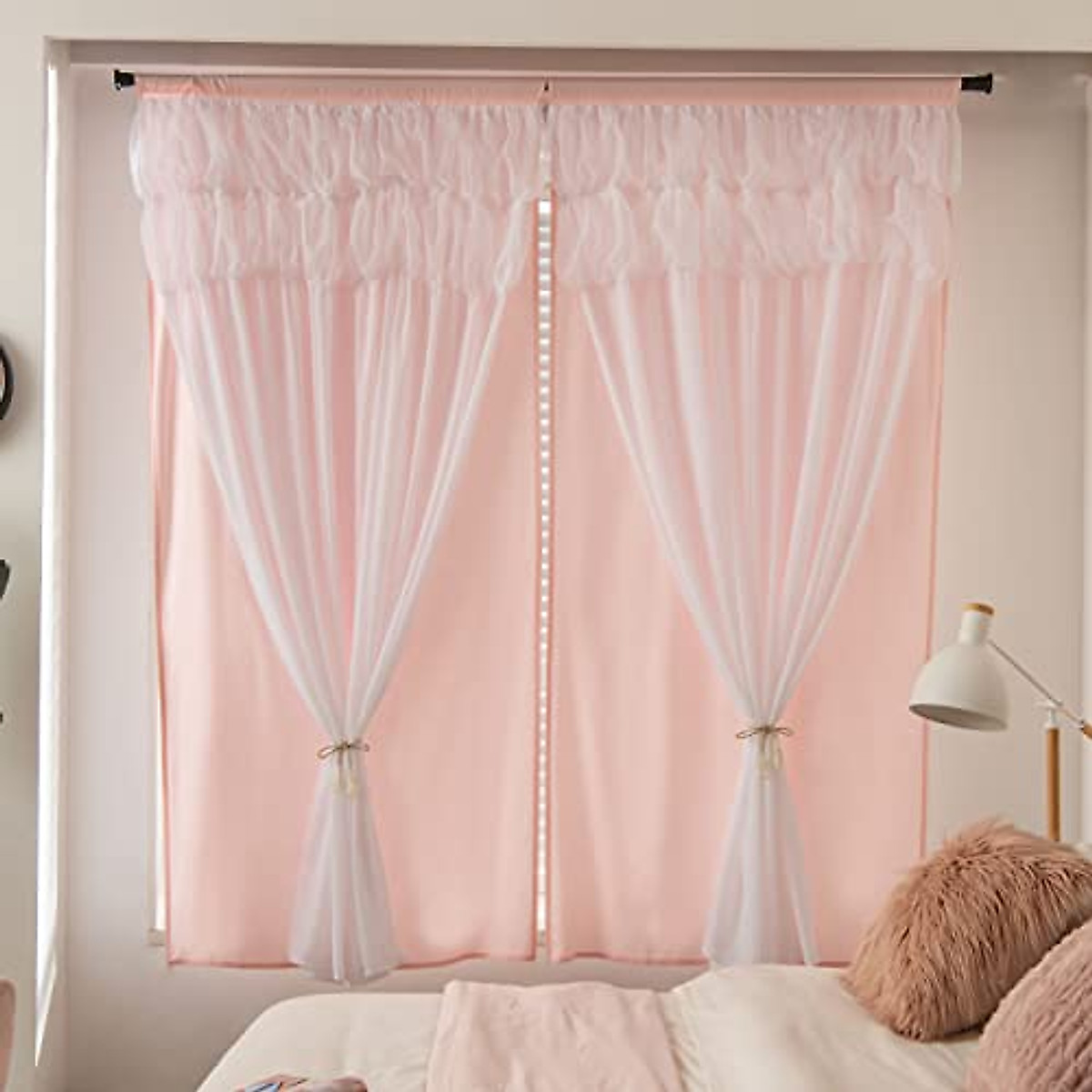 GY Nursery Curtains Catarina Layered Solid Blackout and Sheer Window Curtain Panel Pair for Kids/ Girls Bedroom Living Room Nursery, Blush Pink, 42x63 Inch, Set of 2 Panels