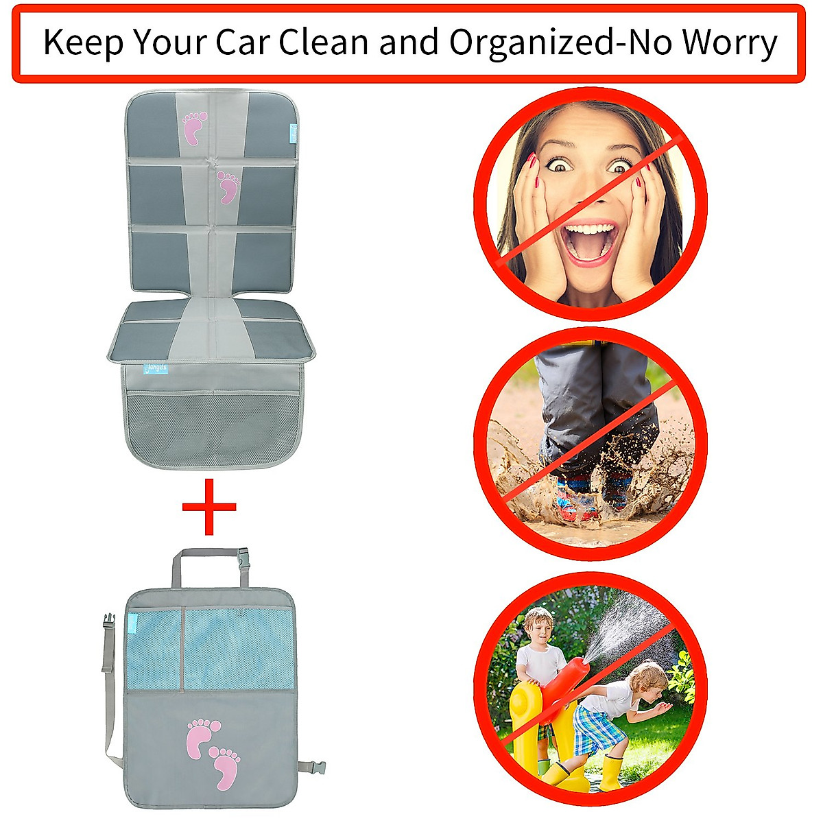 Glangels Child Car Seat Protector- Enhanced Padded Booster Seat Cover for Vehicles-Waterproof Seat Protectant for Baby or Toddler-Extra Large Storage Pocket-Prevents Dirt and Damage (Grey)