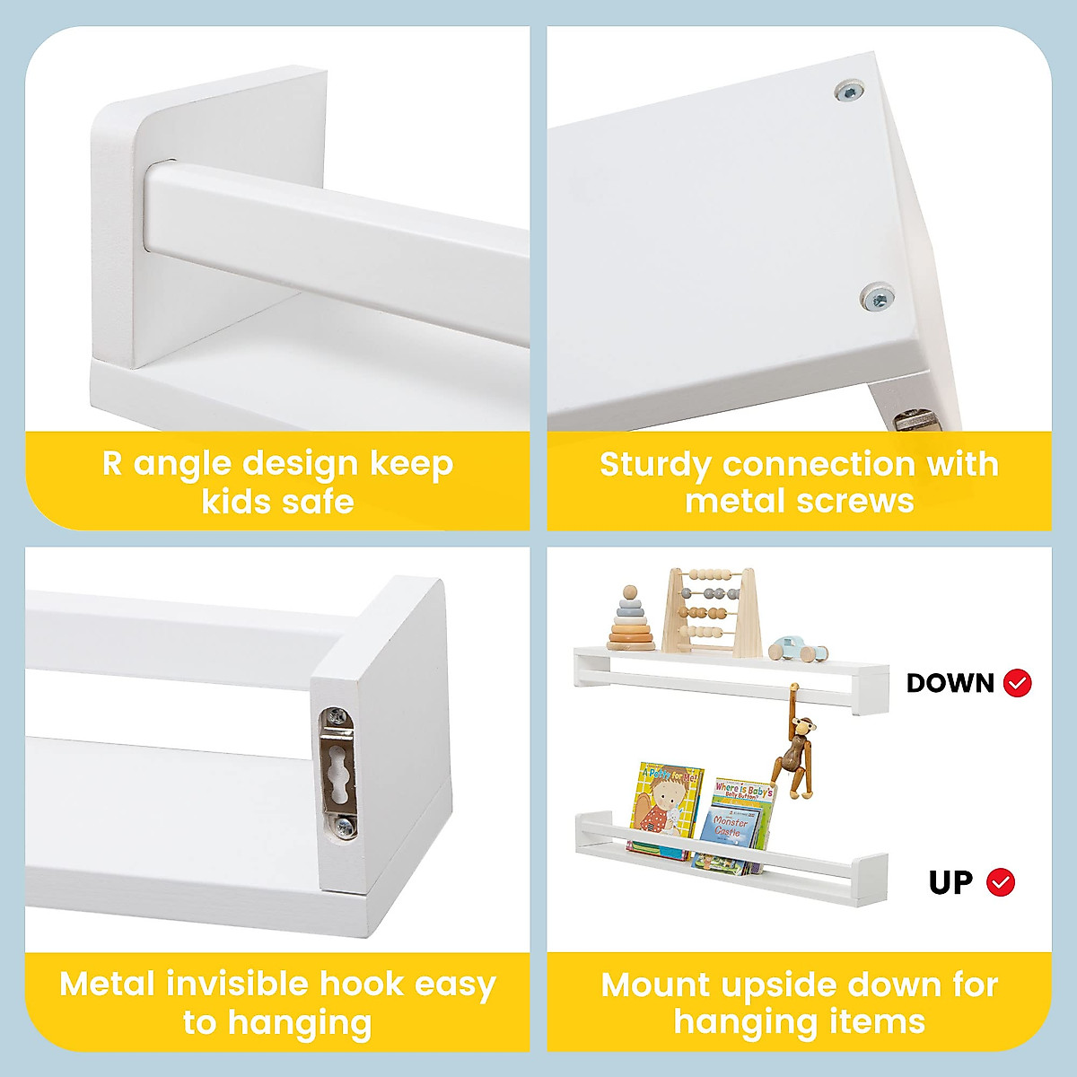 Fun Memories Nursery Book Shelf Set of 2, 32 inch Wall Bookshelf for Kids, White Baby Bookshelf, Nursery Decor, Wall Shelves for Living Room, Toy Storage Shelves