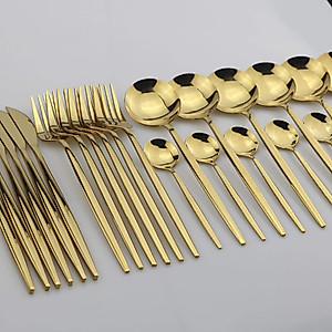 JANKNG 24-Piece Flatware Set, 18/0 Stainless Steel Knife Fork Spoon Teaspoon Silverware Set, Service for 6, MIrror Gold