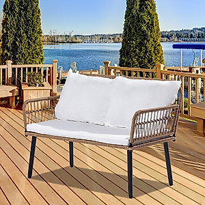 Homsido Outdoor Patio Loveseat, 2-seat Patio Couch All-Weather Wicker Rattan Woven Furniture with Thick Cushion Pillows Boho Small Sofa for Garden Porch, Balcony, Lawn and Terrace