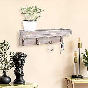 Flyisland Vintage Rustic Wood Wall Mounted Entryway Shelf with 4 Antique Metal Hooks (4 Hooks, Bronze)