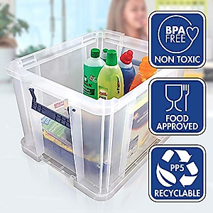 3 Bankers Box 36L Plastic Storage Box with Lids, ProStore Super Strong Stackable Plastic Storage Boxes (31.5 x 47.5 x 38cm), Clear