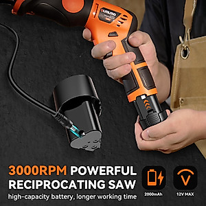 Reciprocating Saw Cordless, 12V Power Reciprocating Saw with 2 * 2000 mAh Battery, 3000SPM 13mm Reciprocating Stroke, 8 Tool-Free Saw Blade Change Reciprocating Saw for Wood Metal PVC DIY Cutting