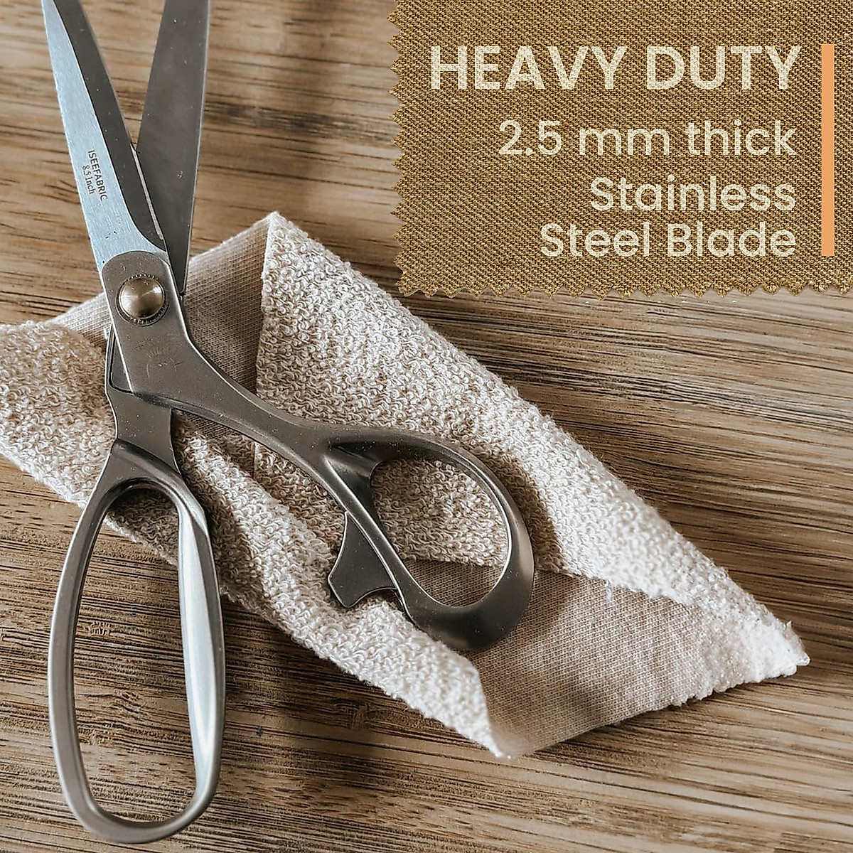 ISEE FABRIC Sewing Scissors 8.5''x.10" Inches Thick Stainless Steel Blade, Professional Scissors for Fabric & Clothing, Tailoring Scissors with Zinc Alloy Handle, Matte Silver - 4 1/4in. Cut Length