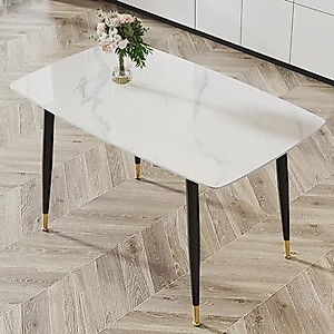 Modern Dining Table for 4, 50" Rectangular Dining Room Table with 0.47'' Sintered Stone Tabletop and Black Metal Legs, Kitchen Table for Dining Room Kitchen, Easy Assembly (White)