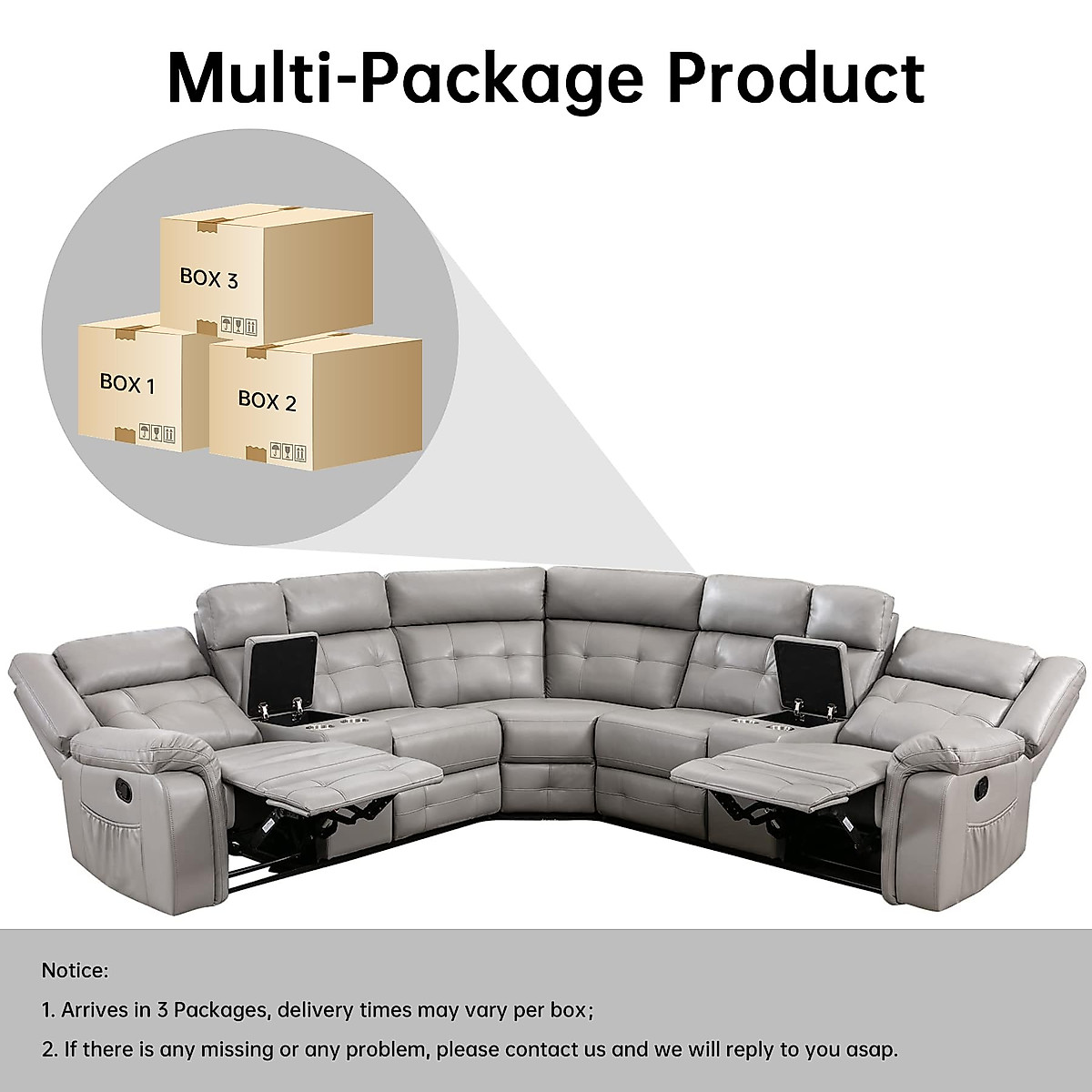 Nathaniel Home PU Leather Sectional Sofa Set with 2 Consoles Fashion Living Room Recliner Chair with Storage Box, L-Shaped Corner Couch with Cup Holders, Foggy Grey