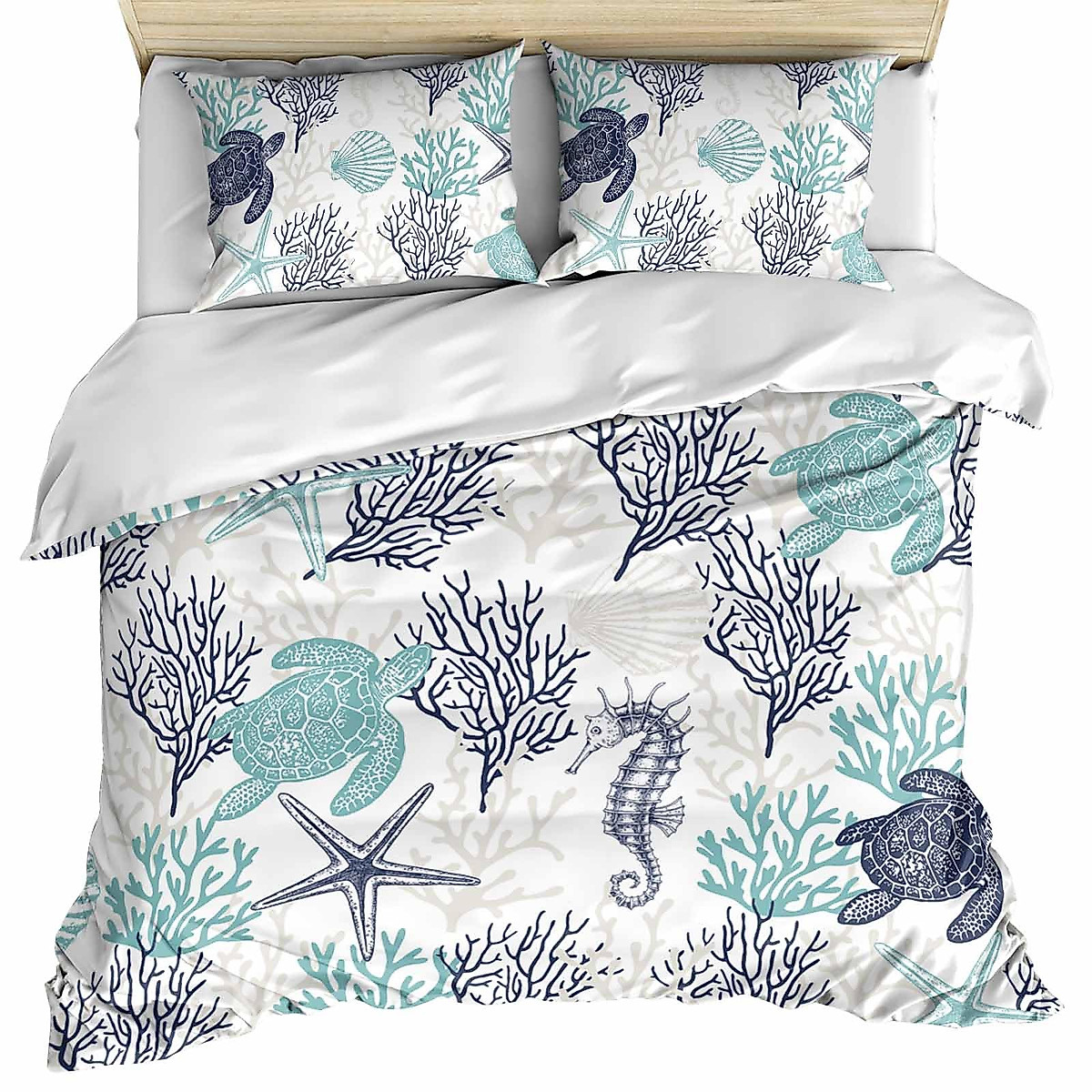 Lsrtoss Teal Blue Coastal Queen Duvet Cover Set for All Season, Sea Turtle Nautical Coral Summer Beach Microfiber 3 Piece Bedding Set with 2 Pillowcases & 1 Quilt Cover, 90" W x 92" L, Queen Size