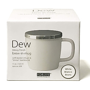 FORLIFE Dew Glossy Finish Brew-In-Mug with Basket Infuser &"Mirror" Stainless Lid 11 oz. (White)