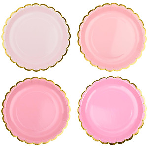 AimFun Pink Scalloped Party Plates Gold Foil Border Paper Plates Disposable 9inch Gradient Pink Plates for Pink Bow Birthday Coquette Bridal Baby Shower Party Supplies (24, Pink)