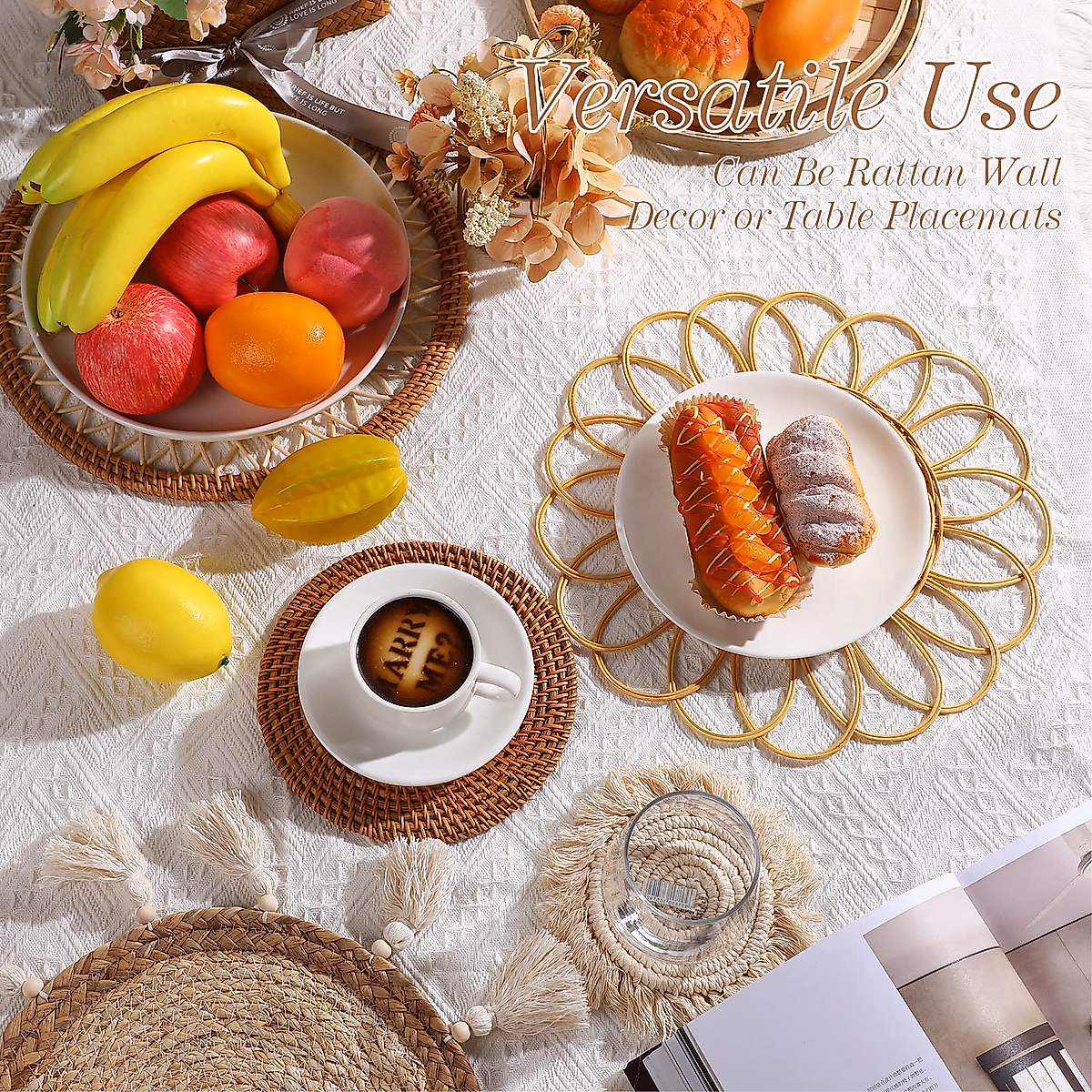 Set of 7 Wall Basket Decor Boho Wall Hanging Decor Rattan Wall Decor Flat Round Woven Macrame Tassels White Tapestry Bamboo Wall Basket Serving Tray Art Handmade Set for Room Bedroom Living Room