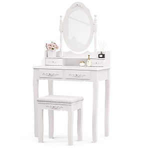 mecor Vanity Table Set with 4 Drawer,Makeup Dressing Table w/Cushioned Stool,Girls Women Bedroom Furniture Set Oval Mirror White