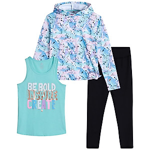 RBX Girls' Active Pants Set - 3 Piece Fleece Hoodie, Tank Top, and Leggings (Size: 7-16), Size 7-8, Minty Green Swirl