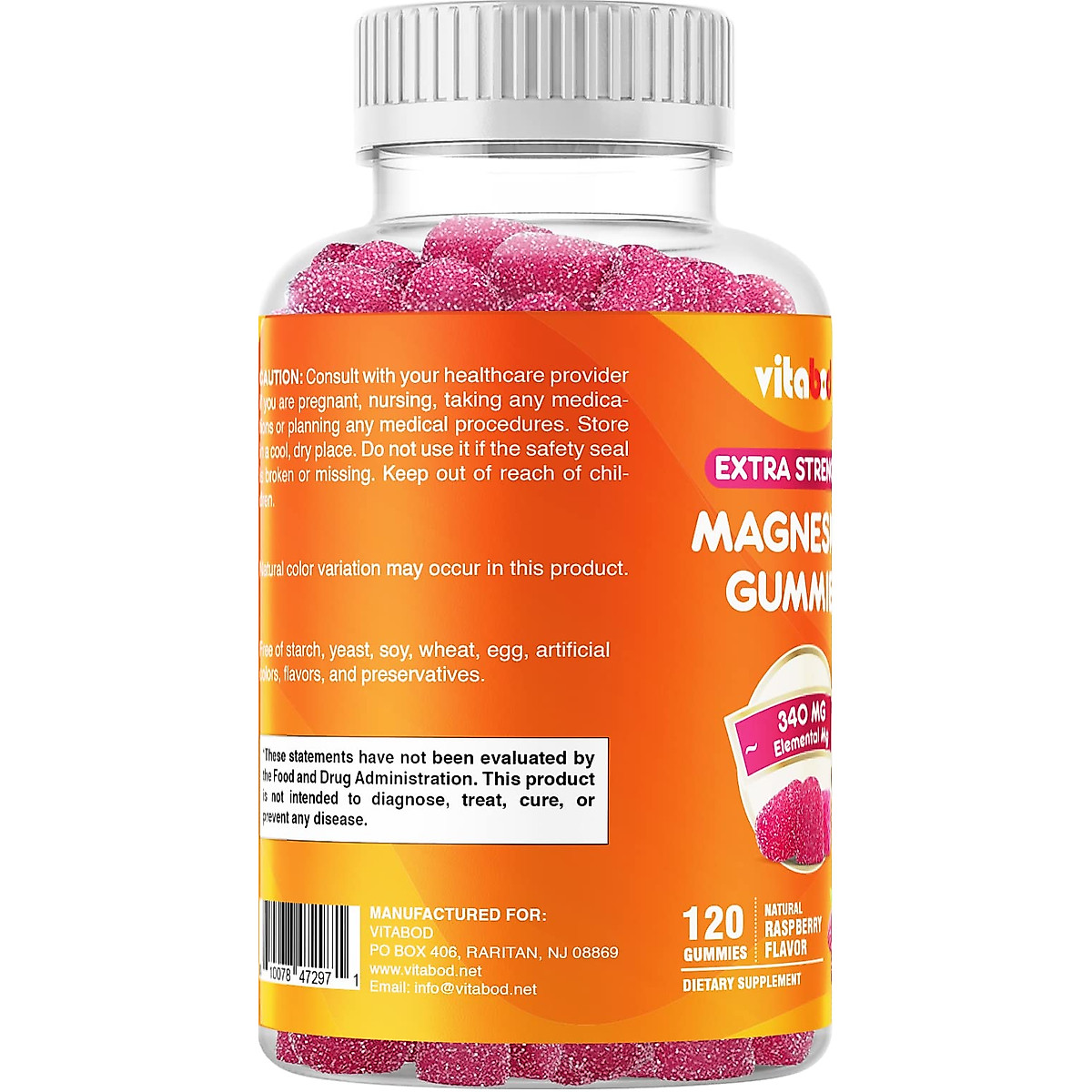 Vitabod Extra Strength Magnesium Gummies, Supports Nerve Health, Bone Health, Muscle Health - 120 Gummies - (340 mg of Elemental Magnesium from 2896 mg of Magnesium Citrate / 4 Gummies)