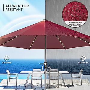 MoNiBloom 9 ft Patio Umbrellas Solar LED Lighted Patio Market Crank Lift Water-proof Umbrella with 8 Ribs and Sturdy Pole for Yard Garden Poolside Patio, Burgundy