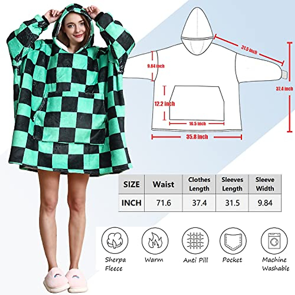 ARTHMOM Comfy Wearable Blanket Hoodie for Women Men Adult, Oversized Sherpa Fuzzy Fleece Sweatershirt Blanket with Giant hood and Pocket, One Size Fits All (Plaid-Green)