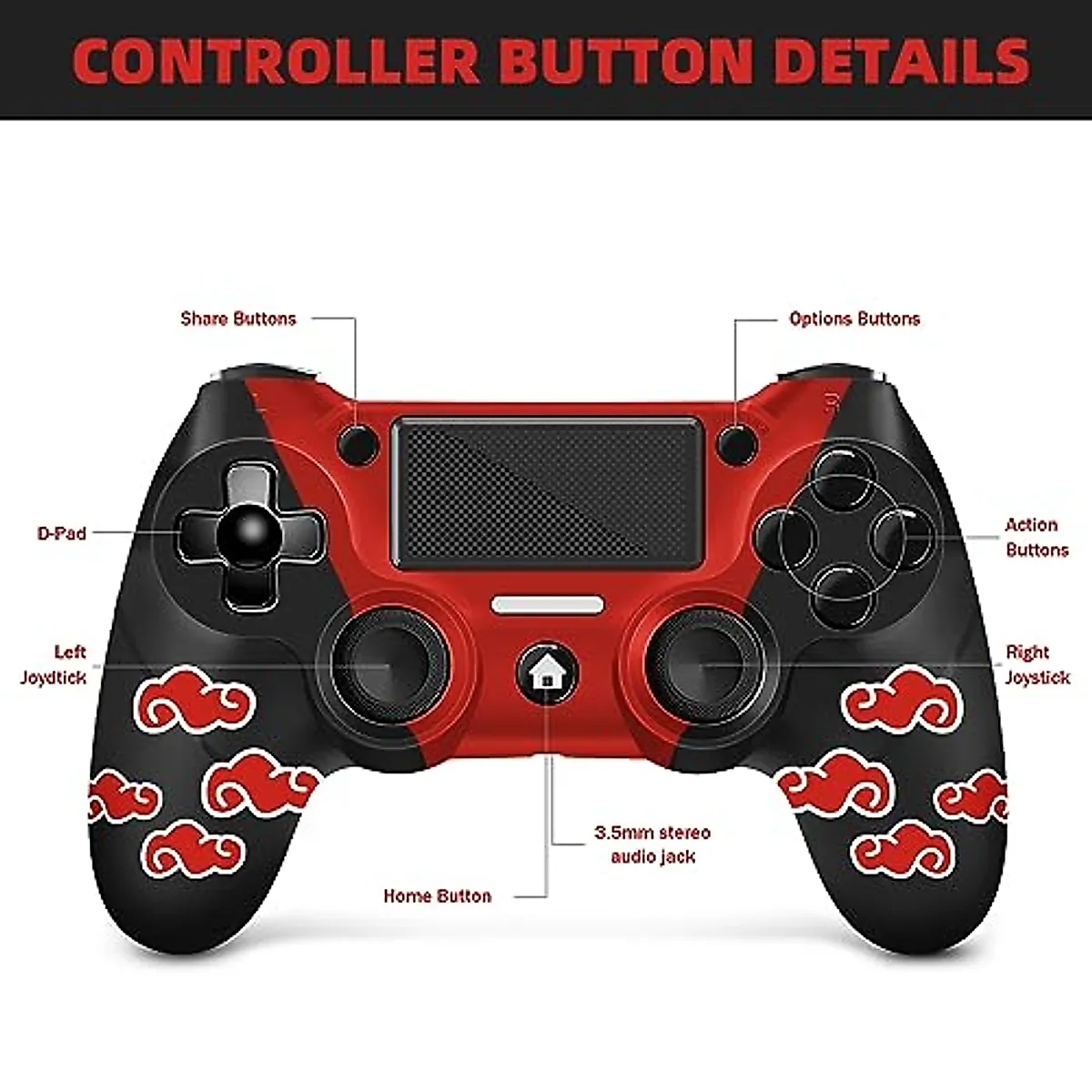 FTFVaska Wireless Controller for PS4 Compatible with PS4/Slim/Pro, Gamepad with Enhanced Dual Vibration/Analog Sticks/6-Axis Motion Sensor/Charging Cable/Thumb Caps! (Red Cloudy)