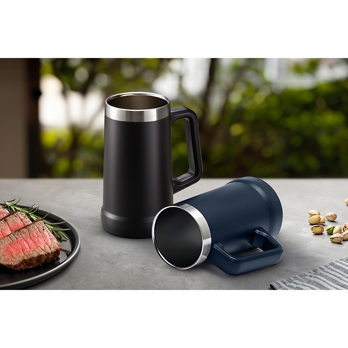 KooK Beer Stein, Stainless Steel Coffee Mug, Tumbler with Thermal Vacuum Insulation, Big Grip, Adventure, Double Walled Drinking Cup, Large Handle, Shatterproof, Navy Blue, 24 oz