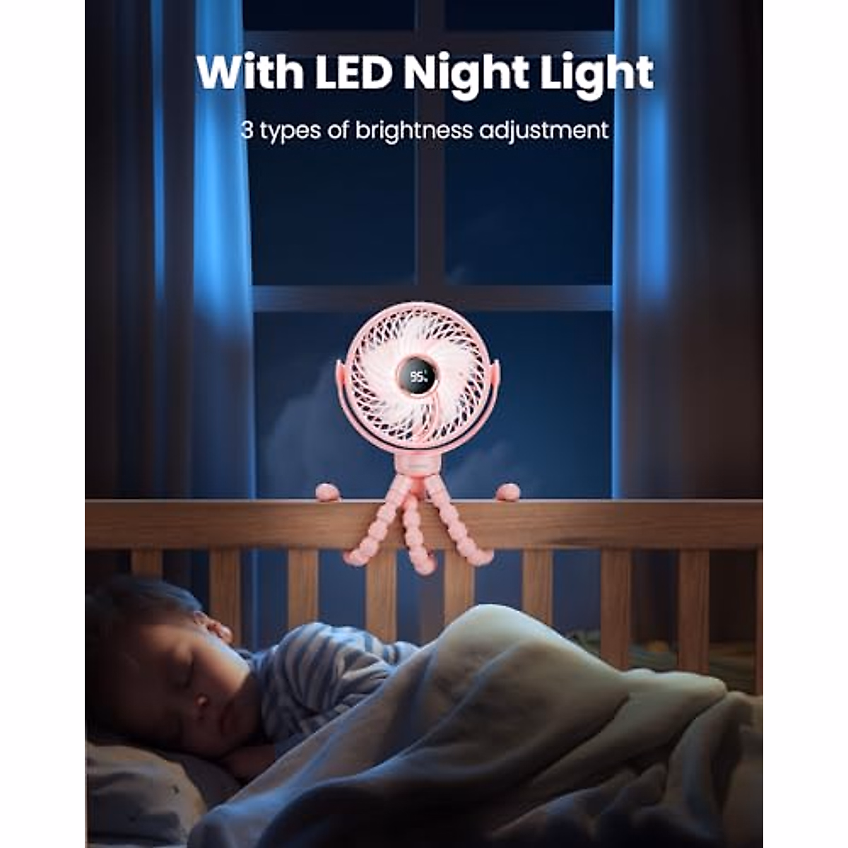 SHEWIND Stroller Fan, LED Light Portable Fan, 3600mAh Battery Operated Small Clip on Fan, 4 Speed Rechargeable Mini Personal Fan Cooling Travel Fan For Car Seat Crib Treadmill (Pink)