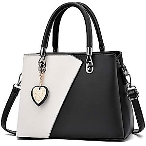 Womens Leather Handbags Purse Top-handle Bags Contrast Color Stitching Totes Satchel Shoulder Bag for Ladies Black