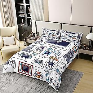 100% Cotton Gamer Bedding Sets for Boys,Gaming Duvet Cover Set Queen Size,Boys Video Games Comforter Cover,Gamepad Designs Bed Set for Teen Boys Bedroom,Joystick Controller,3 Pcs with 2 Pillow Shams