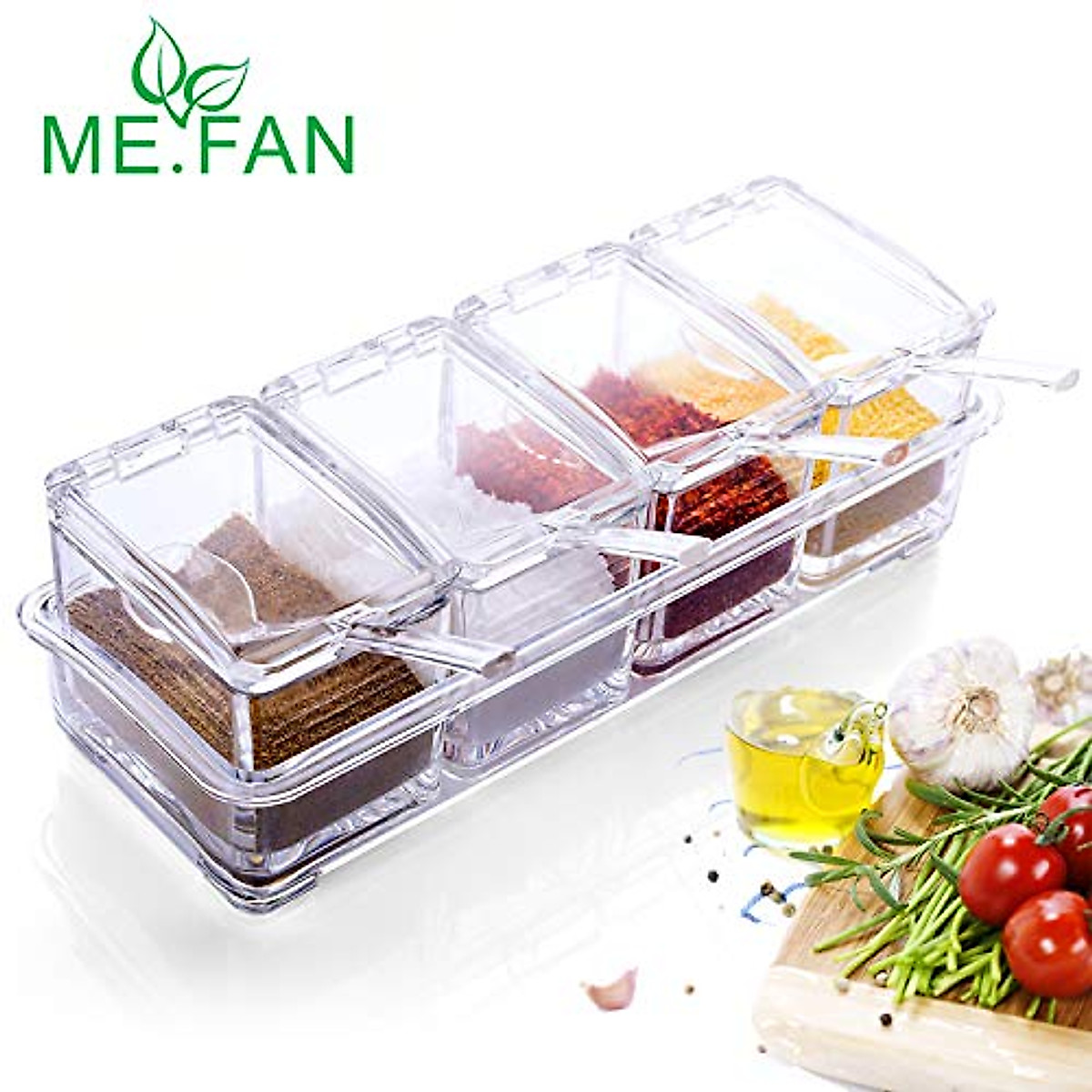 ME.FAN Clear Seasoning Rack Spice Pots - 4 Piece Acrylic Seasoning Box - Storage Container Condiment Jars - Cruet with Cover and Spoon