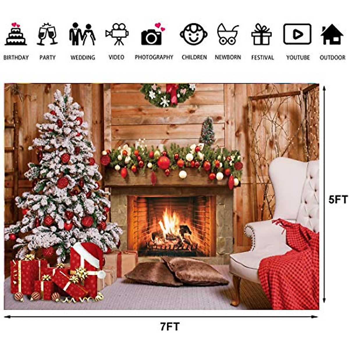 LTLYH 7x5ft Winter Christmas Photo Backdrop Christmas Rustic Fireplace Wooden House Decoration Backdrop Baby Kids Party Decorations Portrait Cake Table Banner Photo Studio Props 111