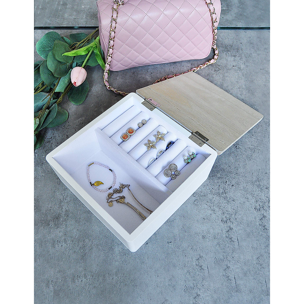 Rae Dunn White Jewelry Box with Natural Wood Lid - Wooden Jewelry Organizer Case for Earring, Necklace, Ring, Watch, Keepsake, Small Accessories - Bedroom Decor and Vanity Storage Organizers "Jewels"