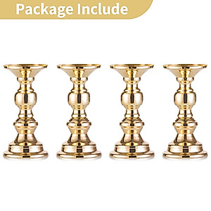 Set of 4 Gold Metal Pillar Candle Holders, Wedding Centerpieces Candlestick Holders for 2 inches Candles Stand Decoration Ideal for Weddings, Special Events, Parties