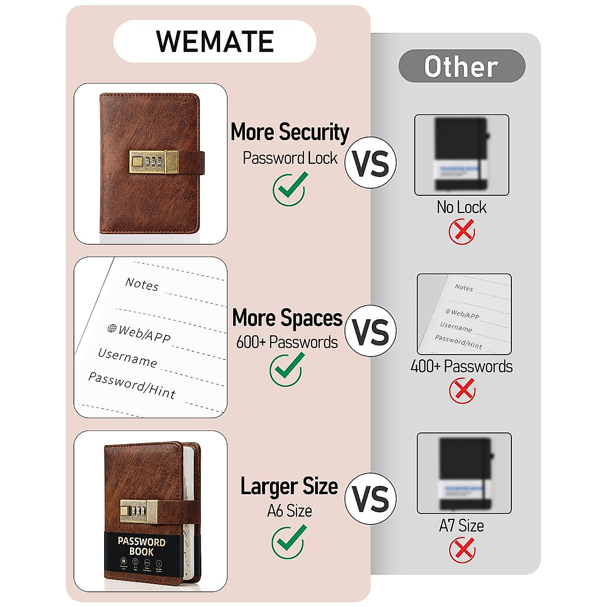 WEMATE Password Book with Lock, Password Book with Alphabetical Tabs 600+ Password Spaces, Password Logbook with Lock, Password Keeper for Computer 4.33 X 6.18 Inch Brown