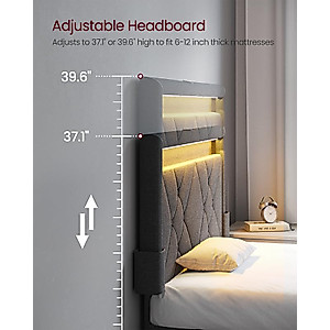 VASAGLE LED Bed Frame Twin Size with Headboard and 4 Drawers, 1 USB Port and 1 Type C Port, Adjustable Upholstered Headboard, No Box Spring Needed, Dark Grey URMB823G71