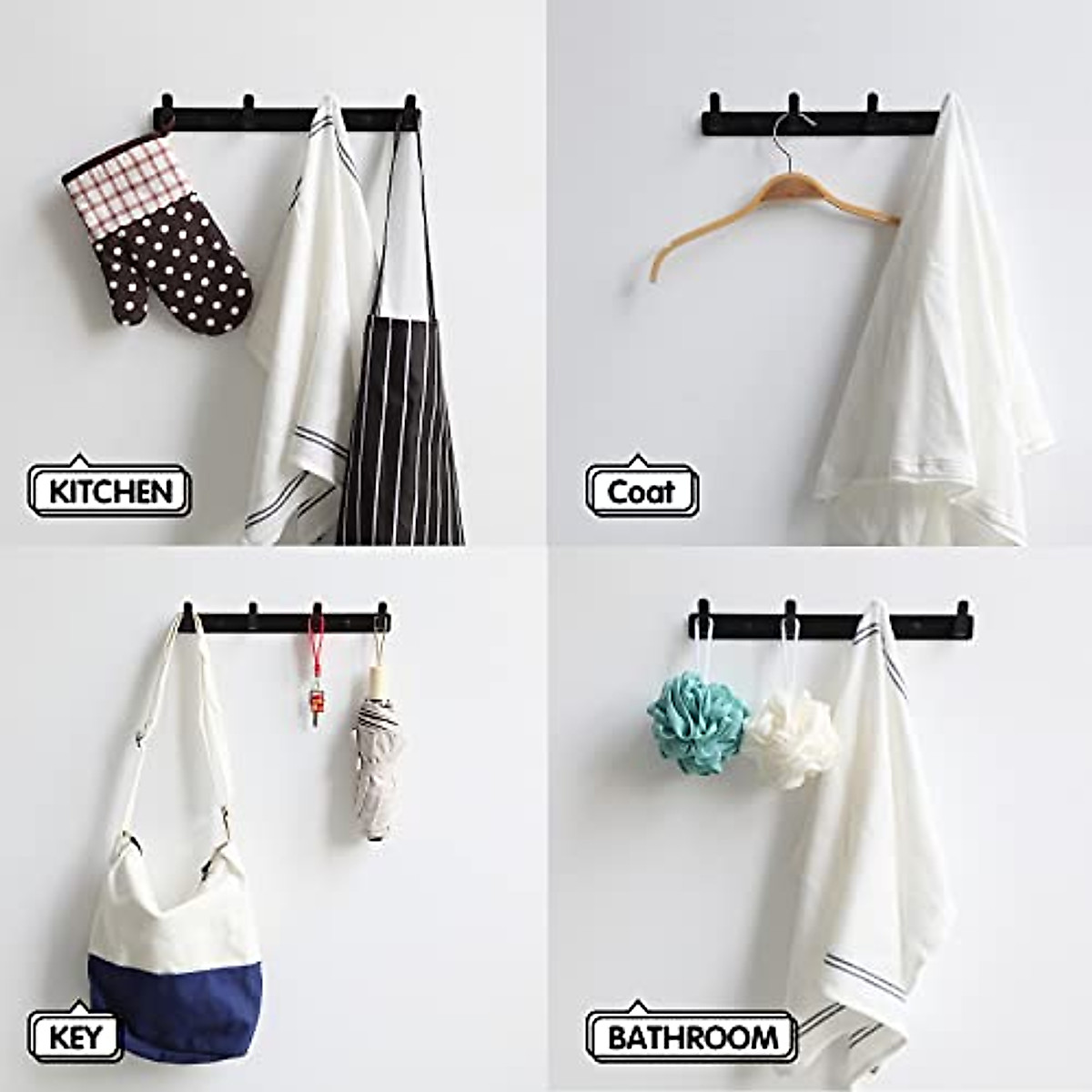 4 Hooks Matte Black Bathroom Towel Hooks Mounted Wall Adhesive Heavy Duty Farmhouse Bath Coat Stick on Rack Hat Wall Hook Sticky Black Kitchen Robe Rack Coat Hook Black 4 Hooks Rack Towel for Bathroom