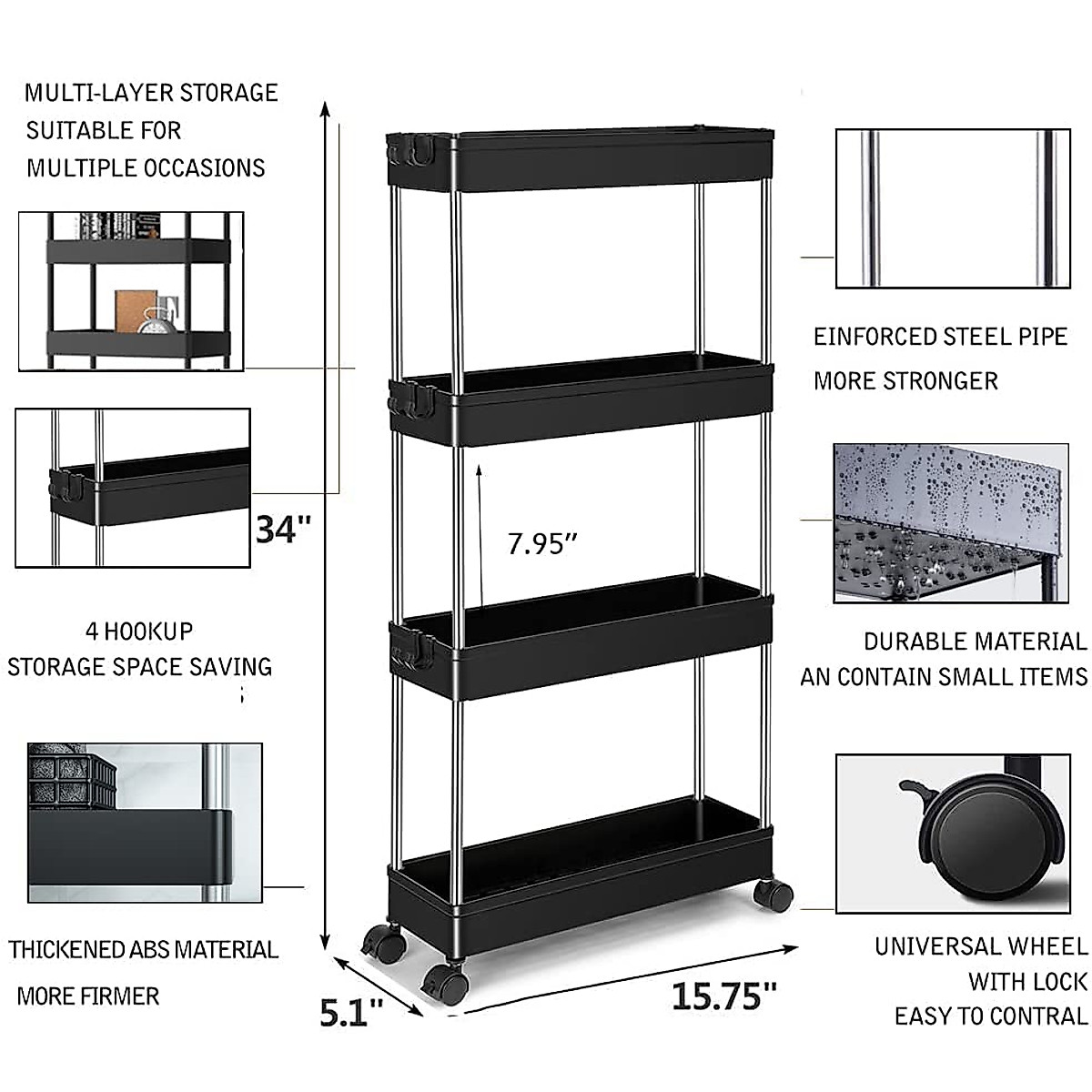 Slim Storage Cart Shelf Removable 4-Tier Rolling Trolley Storage Organizer Carts Rack with 4 Storage Baskets and Wheels for Kitchen Living Room Bathroom Bedroom Narrow Places