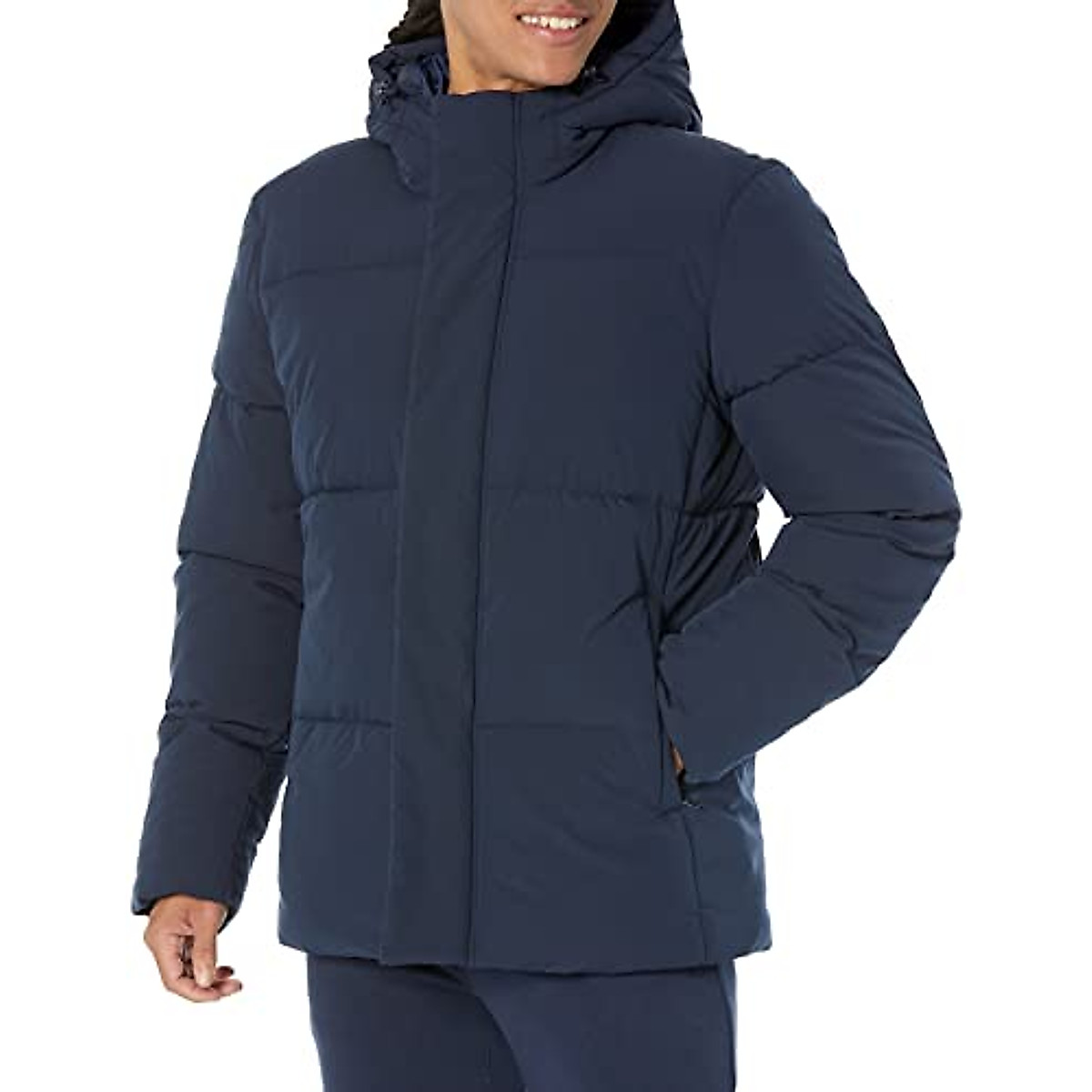 Amazon Essentials Men's Recycled Polyester Mid-Length Hooded Puffer (Available in Big & Tall), Navy, Large
