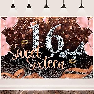 Happy Sweet 16th Birthday Backdrop Balloons High Heel Diamond Banner Backdrop Decorations for Girls Rose Gold Bokeh Sweet 16 Party Supplies Sweet Sixteen Birthday Background Photo Booth Props