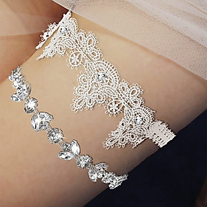 Campsis Wedding Rhinestone Garter Set White Bride Lace Leg Band Crystal Thigh Decor Prom Party for Bridal and Bridesmaid(Silver)
