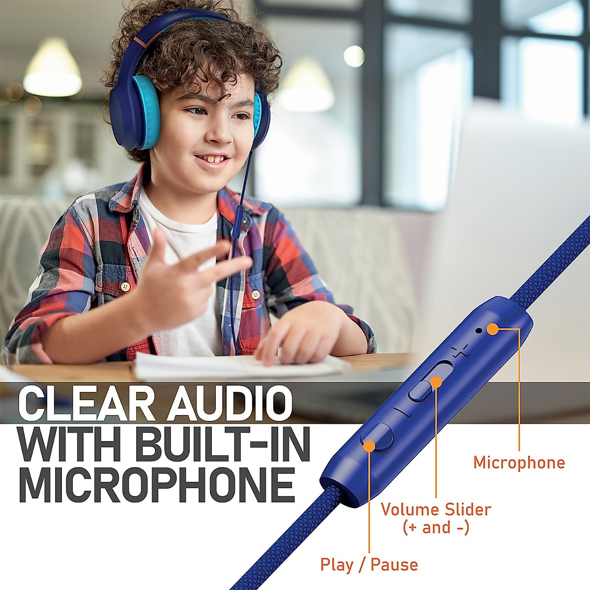 FosPower Kids Headphones with 3.5mm Laced Cables, Children & Teens Over The Ear Foldable Adjustable Headset w/Built-in Mic for Smartphones/PC/Tablet/Laptop/School (Max Volume 85dB) - Blue