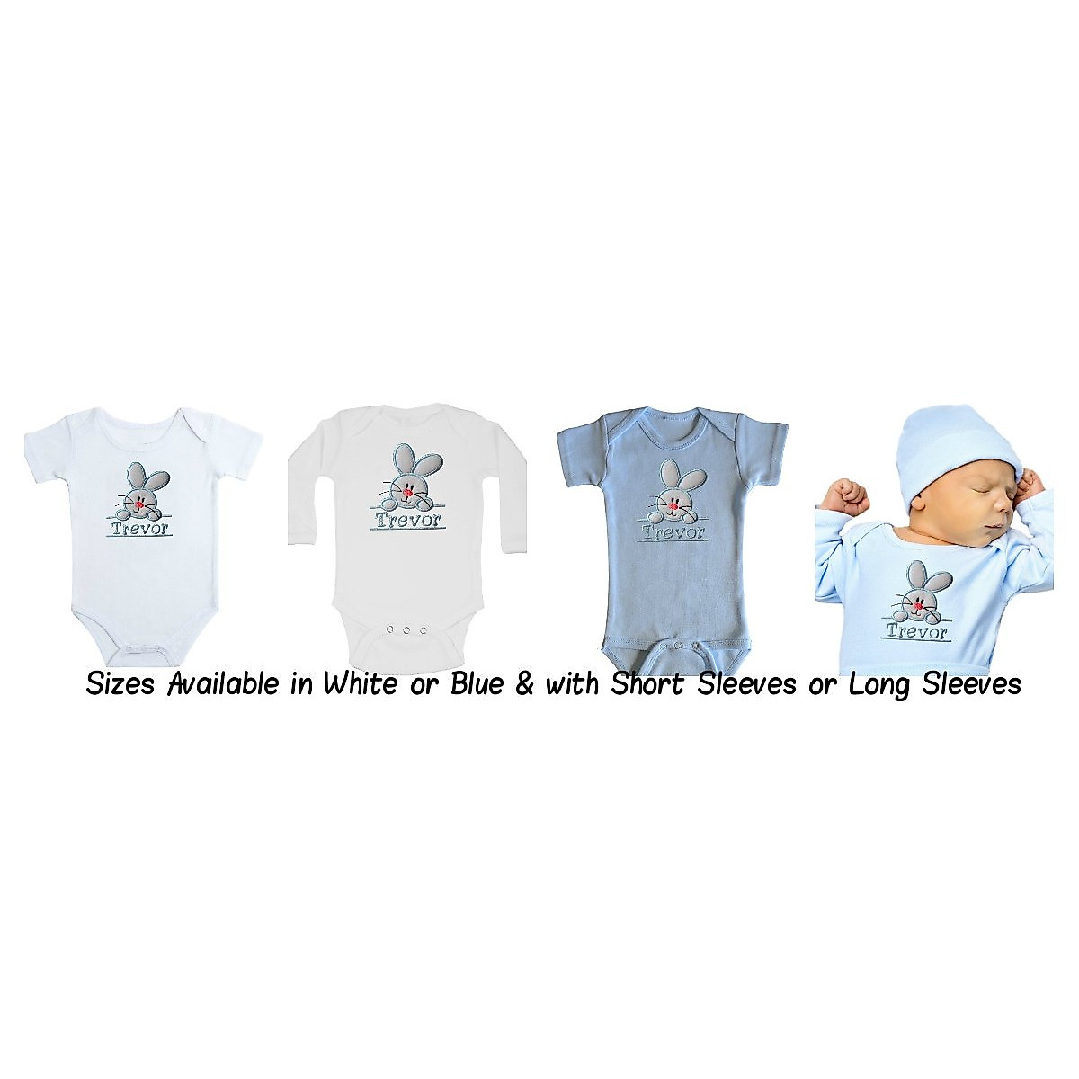 Funny Girl Designs Embroidered EASTER Bunny Bodysuit for Baby BOYS - Your Custom Name (0-3 Months, Long Sleeve, Light Blue)