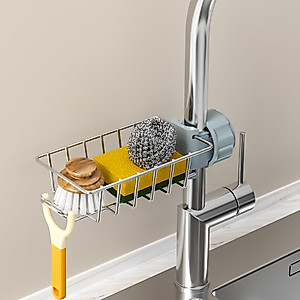 Aexbxoa Kitchen Sink Faucet Organizer, Sponge Holder for Kitchen Sink, Adjustable Detachable Stainless Steel Faucet Rack for Bathroom, Scrubbers, Soap