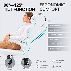 TUKAKA Ergonomic Office Chair,Ultra Thick Office Desk Chair with Adjustable Lumbar Support and Headrest,Spring Cushion,Rocking Function,Flip-up arms,Mesh Computer Chair for Home Office,White