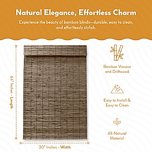 Radiance Cordless Bamboo Roman Shades for Windows - Flatstick Bamboo Blinds for Semi-Private Light Control - Easy to Lift & Fold Up Window Shades - Driftwood - 30 in. W X 64 in. L- (2216606E)