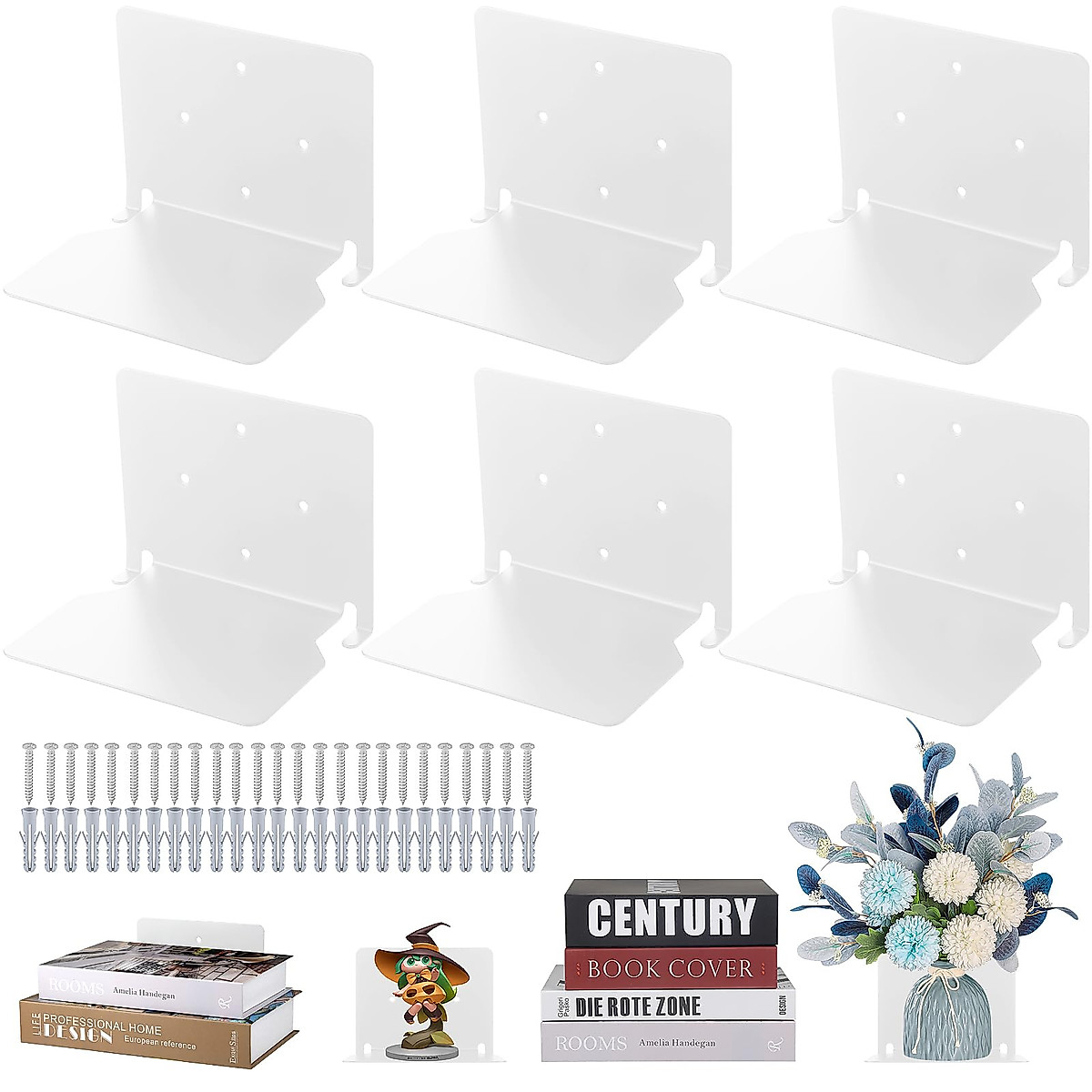 Invisible Floating Bookshelves for Wall, Set of 6 Heavy-Duty Floating Bookshelf Wall Mounted, Large Size Iron Wall Shelves Book Shelf Organizer for Bedroom Living Room Office Wall Decor (White)