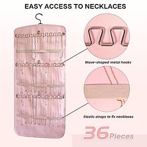 Gurajo Hanging Jewelry Organizer Doubled-sided with Pockets & Hooks for Rings, Earrings, Necklaces, Hair Accessories Storage Roll, Closet Earring Holder Organizer for Wall, Door, Travel, 1 PCS, Pink