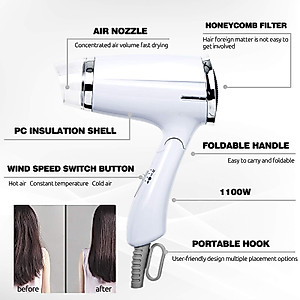 Lightweight Small Compact Hair Dryer with Folding Handle, Mini Travel Hair Dryer, Professional Salon Negative Ionic Folding Blow Dryer 3 Settings (White)
