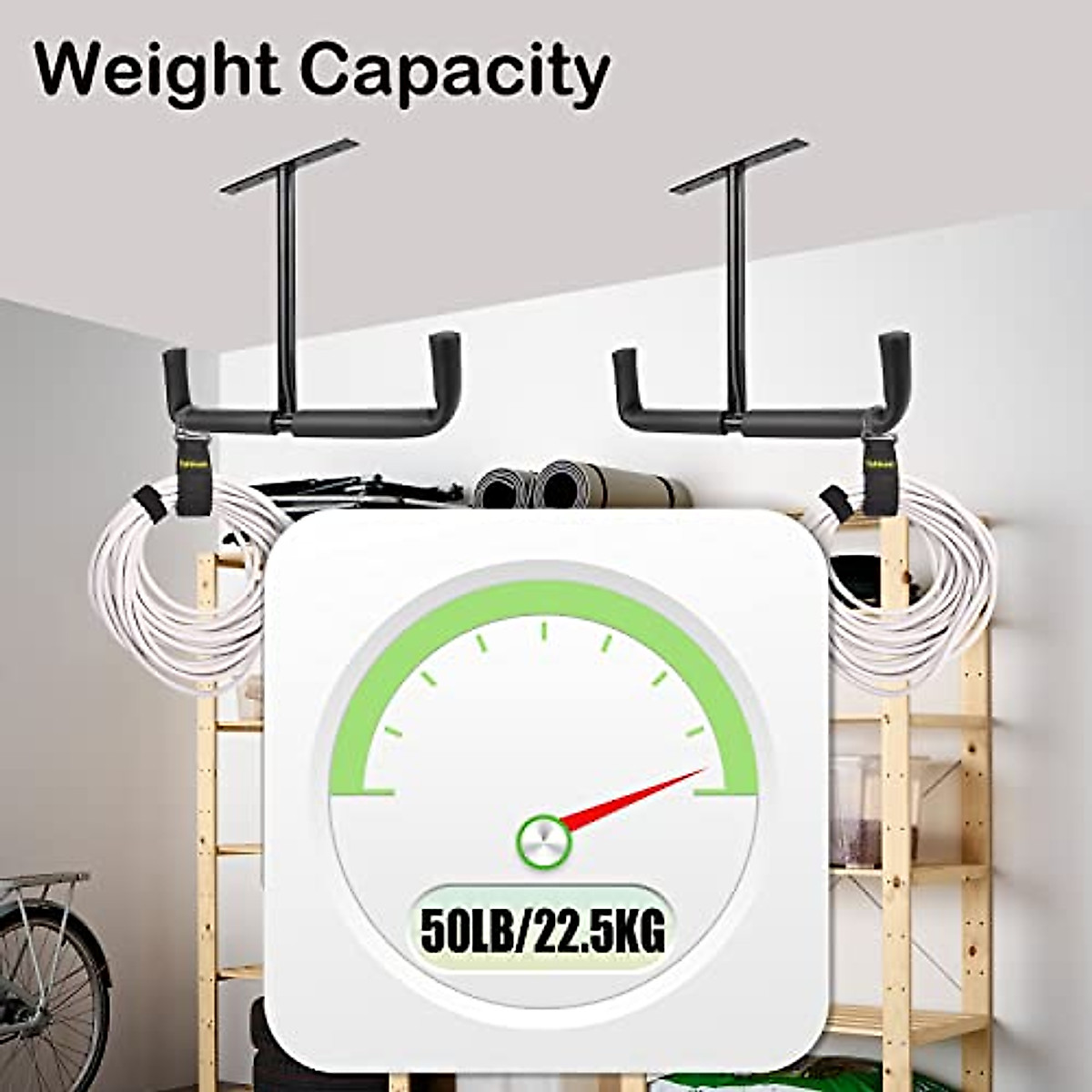 Tahikem 2 Set Overhead Garage Storage Rack, Heavy Duty Overhead Storage Double Hook, Ceiling Hanger Safe Racks, Hanging for Lumber Ladder Storage & Other Bulky Items (Pack of 2 - Black)